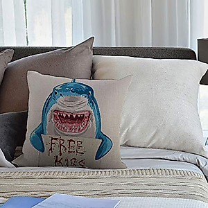 HGOD DESIGNS Shark Pillow Case,Funny Animal Blue Shark Holding Bloody Free Kiss Sign Cotton Linen Polyester Decorative Home Decor Sofa Couch Desk Chair Bedroom 16x16inch