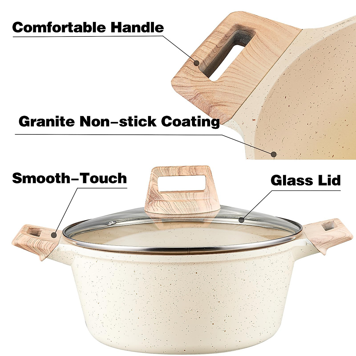 TIPTAP Nonstick Stock Pot,Granite Cookwear Soup Pot with Lid, 4 L/4.23 Qt Cooking Pot,Casserole Nonstick Stock Pot, Induction Pot for Soup, Broth, Chili, Stew - All Stove Compatible, (White)