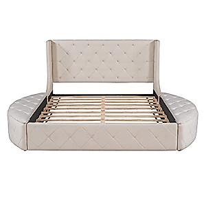 Prohon Upholstered Platform Bed with Wingback Headboard and 1 Big Drawer,2 Side Storage Stool, Velvet Tufted Bed Frame Queen Size, No Box Spring Needed, Easy to Install, Wooden Slats Support, Beige