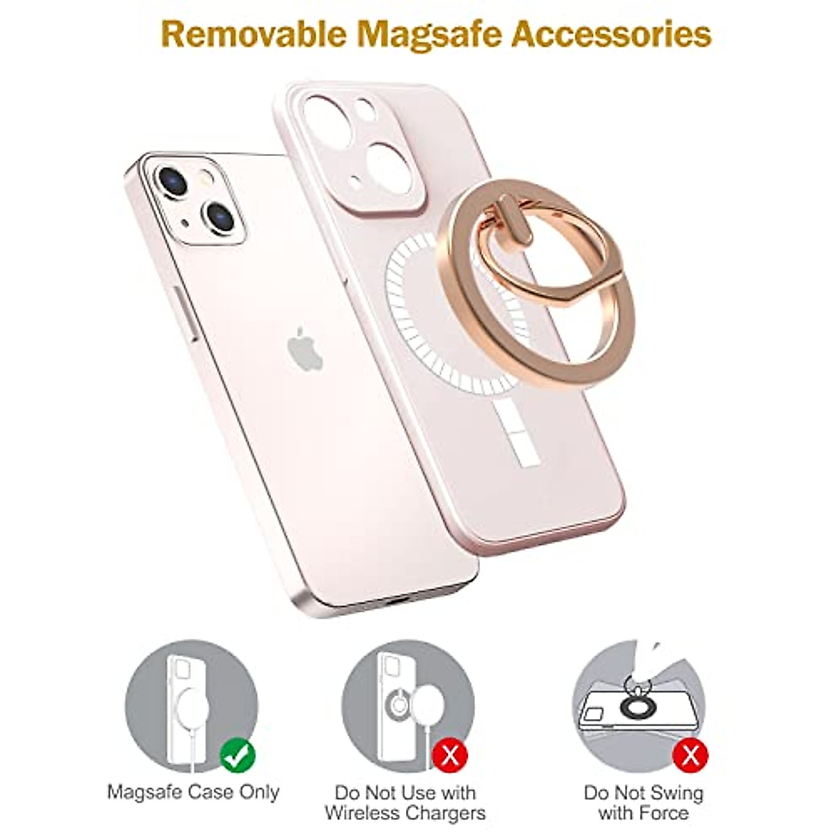 UKKITEK Magsafe Ring Holder for iPhone 14 13 12 MagSafe Accessories, Adjustable Magnetic Finger Ring Grip Stand Compatible Mag Safe Case, Removable When Wireless Charging - Luxury Pink