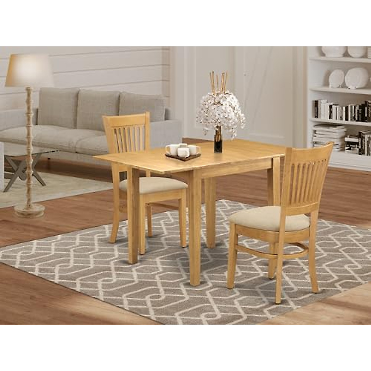 East West Furniture NDVA3-OAK-C 3 Piece Dining Room Furniture Set Contains a Rectangle Kitchen Table with Dropleaf and 2 Linen Fabric Upholstered Dining Chairs, 30x48 Inch, Oak