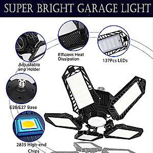 Garage Light Bulb Deformable LED Garage Lights 100W 10000LM 6500K Super Bright Garage Lighting Shop Light with 5 Adjustable Panels and Center Panel E26/E27 Ceiling Lights for Garage Basement - 2Pack