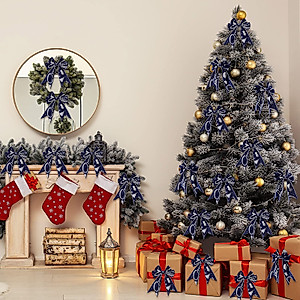 2 Rolls Christmas Wired Ribbon - Red, Green, Navy Blue, Merry Golden Silver for Gift Wrapping - Velvet Fabric for Xmas Home Decoration DIY Crafts, 2.5 Inch (Navy Blue, 10 Yards)