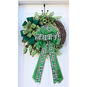 Large Saint Patrick Tree Topper Bows, St Patricks Green Glitter Clover Long Buffalo Plaid Bows for Saint Patrick's Day Home Garden Indoor Outdoor Decoration Wreath Ornament Supplies, 13 x 30 Inches
