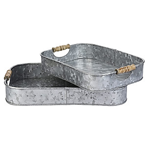 MyGift Rustic Galvanized Metal Decorative Tray with Wood Handles, Rectangular Nesting Serving Trays, Set of 2 - Handcrafted in India