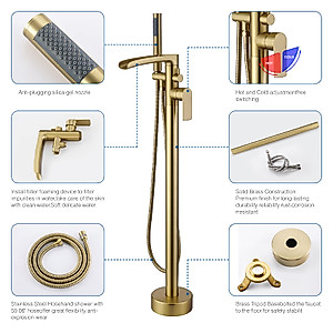 TapLong Waterfall Freestanding Bathtub Faucet Set Single Handle Floor Mount Tub Filler with Hand Shower High Flow Rate Max 6 GPM, Brushed Gold, 51019BG