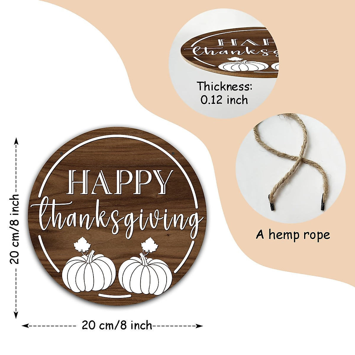 Happy Thanksgiving Pumpkin Wooden Sign for Front Door Decor, Round Wood Hanging Sign Thanksgiving Autumn Home Decorations, Fall Harvest Wall Hanging Art Sign Plaque for Porch Yard Garden - 02