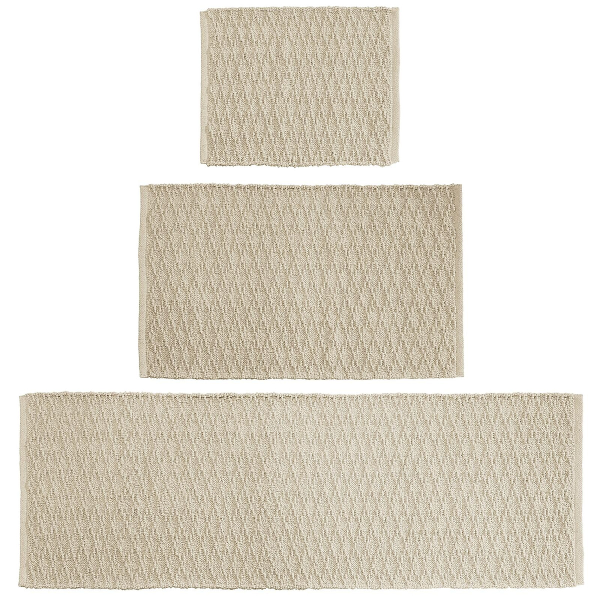 mDesign Soft 100% Cotton Luxury Rectangular Spa Mat Rugs, Water Absorbent, Diamond Design - for Bathroom Vanity, Tub/Shower, Machine Washable - Runner, Standard & Small Rug - Set of 3 - Linen/Tan