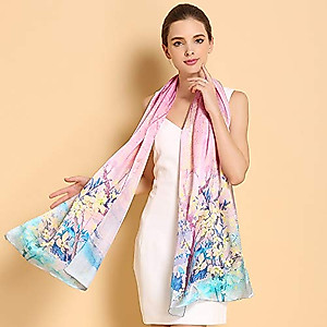 ANDANTINO 100% Mulberry Silk Long Scarf for Women Large Shawls for Headscarf and Neck- Oblong Hair Wraps with Gift Packed (Pink&Yellow Blossoms)