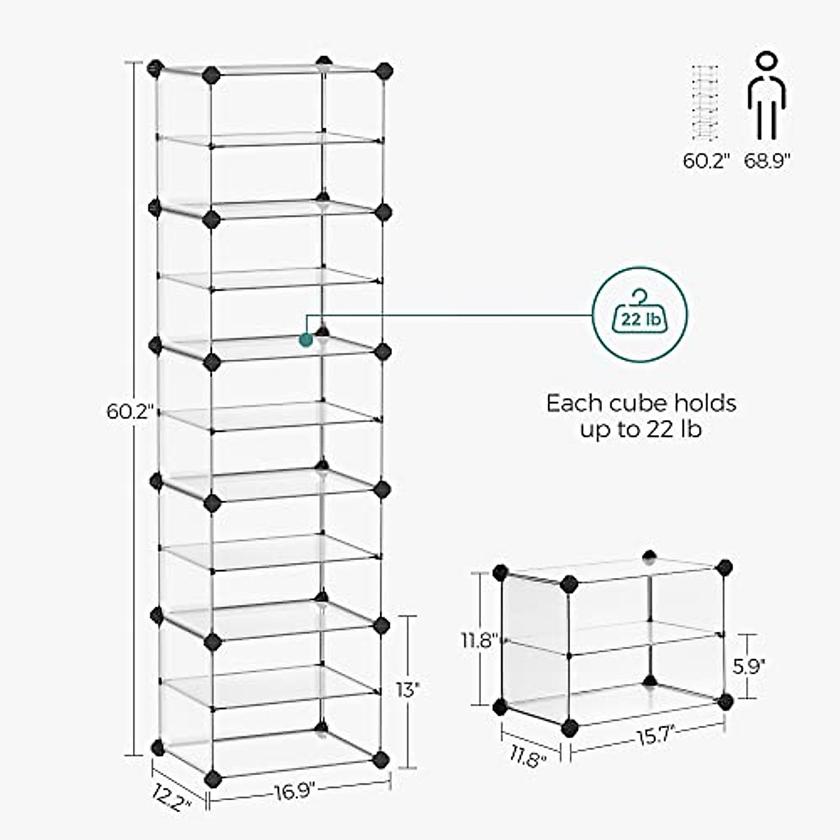 SONGMICS Shoe Rack, 10-Slot Storage Organizer Unit with Doors, Portable Cube Shoe Storage Organizer, Plastic Modular DIY Storage Shelf, Closet Divider for Clothes Bags Toys, Transparent ULPC506T01