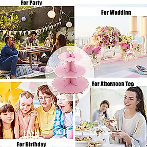 Pink Cardboard Cupcake Stand,2PCS Pink Cup Cake Holder Thick Paper Dessert Tray, 3-Tier Round Serving Tray Perfect for Baby Girls Pink and Gold Birthday Baby Shower Party Supplies