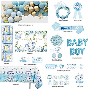 Elephant Baby Shower Decorations for Boy, Blue Elephant Baby Shower Party Supplies, It's a Boy Backdrop Tablecloth Elephant Balloon Arch BABY Box Mom to Be Sash Dad to Be Pin