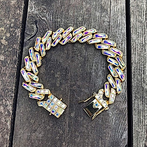 Apzzic 15mm Colorful Iced Out High Polished Gold Plated Hip Hop Miami Diamond Cuban Link Chain Bracelet for Men Women Gold 8Inch