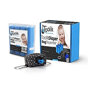 Toolik Diaper Bag Dispenser with 225 Disposable Unscented Waste Bags (15 Refill Rolls) for Baby and Toddler Poop or Dirty Clothes, Essential for Travel and Quick Change on The Go, Bundle