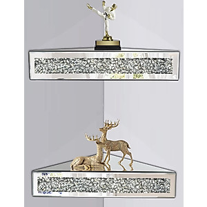 Mirrored Floating Corner Shelf, Silver Mirror Crushed Diamond Decorative Wall Shelf for Home Decoration Crystal Diamond Wall Art Decor Accent Piece Showcase 11.8" L×11.8" W×3.1" H, Set of 2