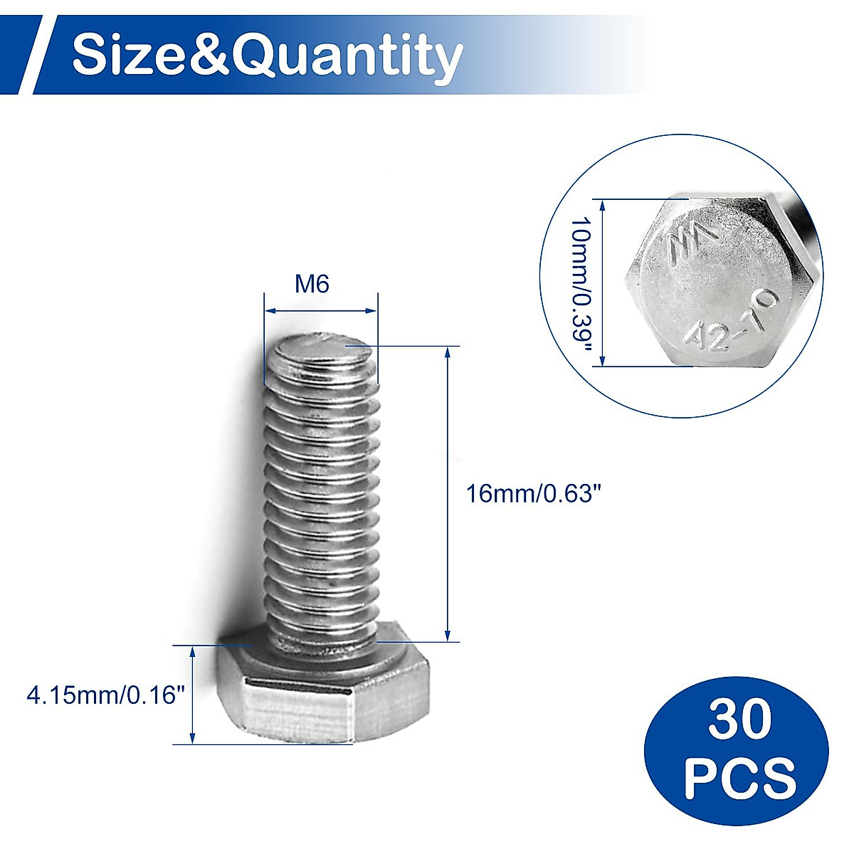 MroMax 30Pcs M6 x 16mm Hex Head Screws Bolts, 304 Stainless Steel 18-8, Fully Threaded, External Hex Drive, for Mounting Chair, Handles, Rail, Pump, Wheels, Antenna Parts, Boat and Plastic Bumpers