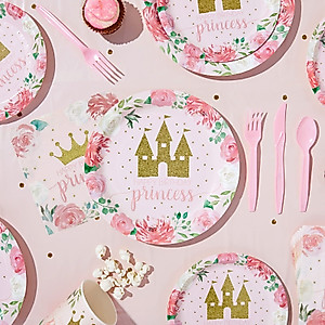 BLUE PANDA 194-Piece Princess Birthday Party Decorations, Pink Dinnerware Set with Plates, Napkins, Cups, Tablecloth, Cutlery, Banner, and Hats (Serves 24)