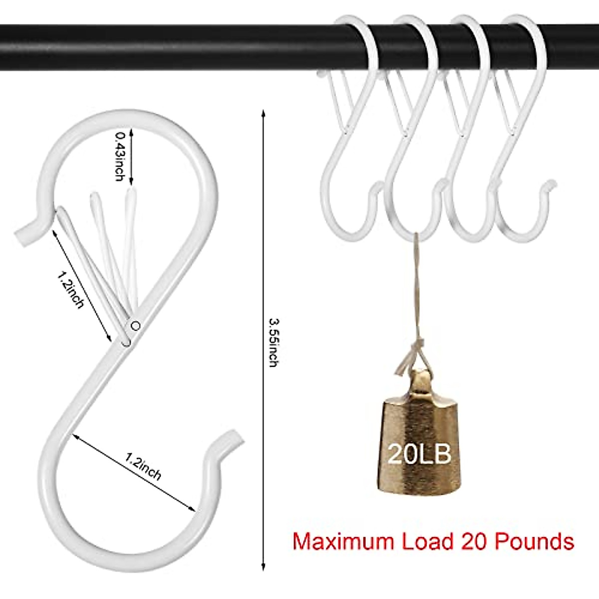 S Hooks Metal Safety Buckle S Shaped Hooks Stainless Steel S Hook Hangers Heavy Duty Anti-Falling S Hooks for Hanging Plants, Lights, Pot, Pans, Cups for Kitchen, 3.55 Inch (White,20 Packs)