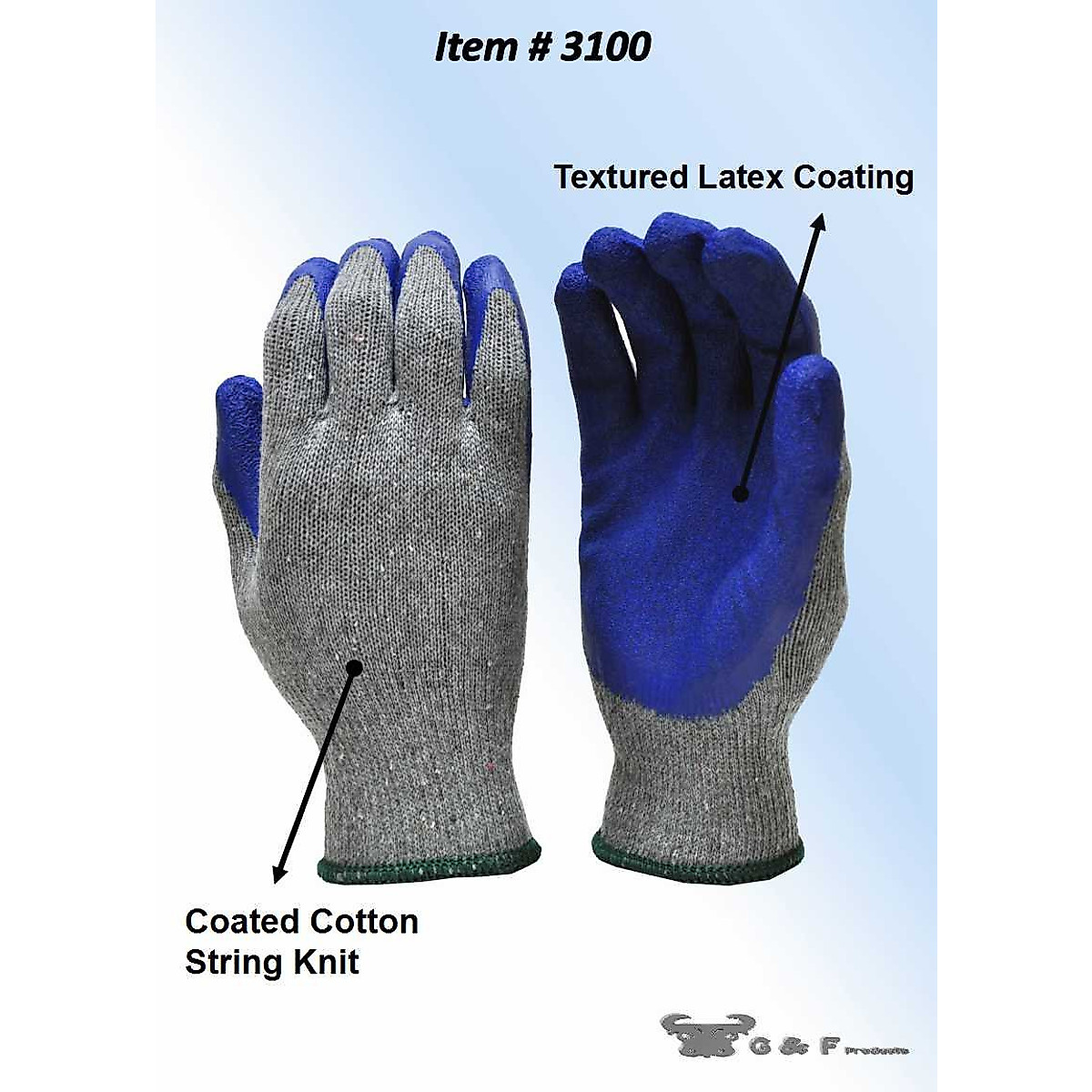 G & F 1511M-DZ Rubber Latex Coated Work Gloves for Construction, Blue, Crinkle Pattern, Men's Medium (Sold by dozen, 12 Pairs)