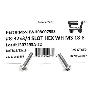 8-32x3/4 Slotted Hex Washer Head Machine Screws 18-8 Stainless Steel (50 Pcs)