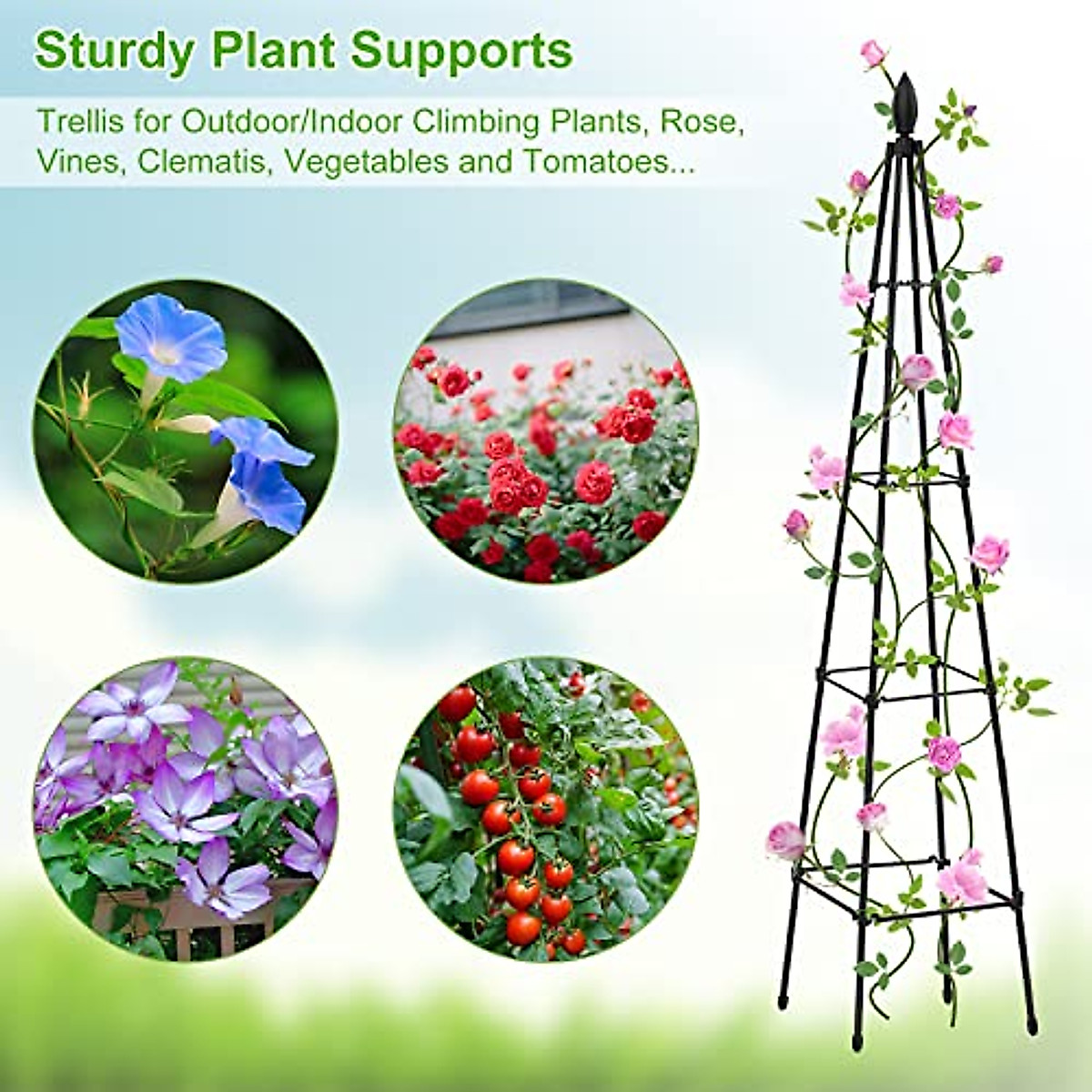 Garden Trellis for Climbing Plants Outdoor, deaunbr Plant Support Tower Obelisk Trellis 63'' Garden Trellises for Vines, Flowers, Indoor Potted Plant, Rose, Cucumber, Tomato, Pea, Clematis (1 Pack)