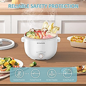 Hoyatoka Electric Hot Pot, 2L Portable Non-Stick Electric Cooker with Steamer, Multifunction Mini Electric Pot Ramen Cooker for Sauté, Stir Fry, Steak, Eggs, Oatmeal, Ramen, Soup, Electric Skillet with Dual Power Control for Dorm and Office, White