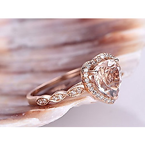 8mm Heart Shaped Cut Pink Morganite 14k Rose Gold Diamond Halo Marquise Engagement Ring Wedding Band