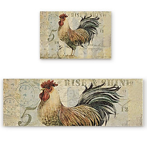 Kitchen Rugs Sets 2 Piece Floor Mats Vintage Rooster Morning Cock Durable Doormat Non-Slip Rubber Backing Area Rugs Washable Carpet Inside Door Mat Pad Sets-15.7" x 23.6"+15.7" x 47.2"