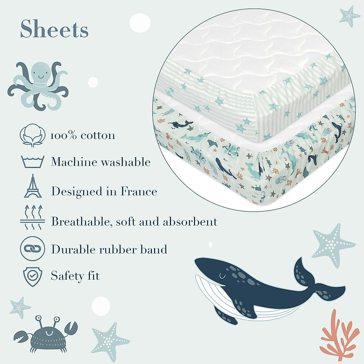 100% Cotton Crib Sheets for Baby Boys and Girls, Ocean Crib Sheets - Ocean Stars, Teal-White, 2 Pack Nautical Crib Sheets, Ocean Nursery Decor
