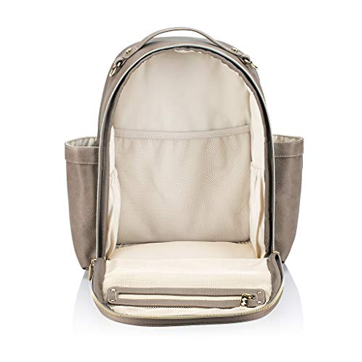 Itzy Ritzy Mini Diaper Bag Backpack – Chic Mini Diaper Bag with Changing Pad, 8 Total Pockets (4 Internal and 4 External), Grab-Top Handle and Rubber Feet (Vanilla Latte)