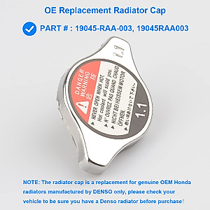 Radiator Cap, Replace 19045-RAA-003, 19045RAA003, 19045 RAA 003 Compatible with Honda, Acura - Accord, Civic, CRV, Element, Fit, Odyssey, Pilot, Ridgeline, S2000, MDX, TL, RDX, RL, RLX, TLX, TSX, ZDX