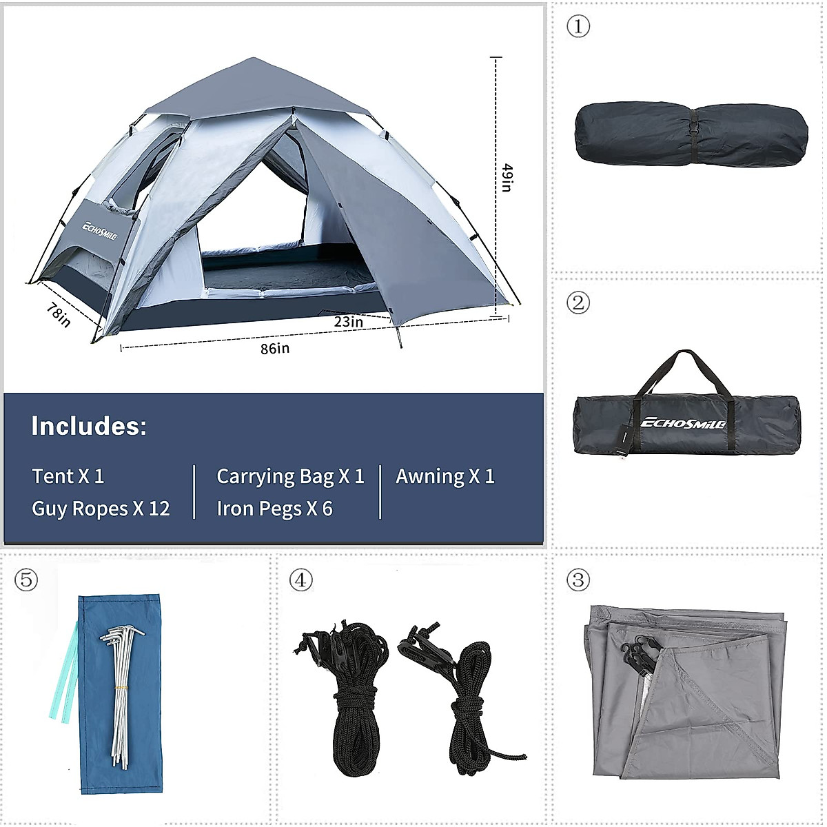 Echosmile Pop Up Tent Family Camping Tent, 4 Person Instant Tent, Easy Set Up Tent, Lightweight Portable Automatic Tent, Waterproof Dome Tent, Windproof Outdoor Backpacking Tent (Grey (with Rainfly))