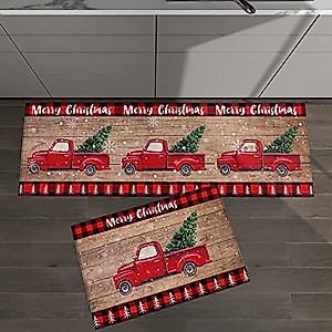 Christmas Kitchen Rugs, Xmas Tree Red Truck Kitchen Rug, Kitchen Mat Kitchen Gadgets, Kitchen Mats for Floor, Runner Rug for Laundry Room Decor, Kitchen Organization Floor Mats, 2pc Kitchen Runner Rug