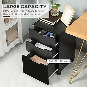 HOMCOM 3 Drawer Mobile File Cabinet, Rolling Printer Stand, Vertical Filing Cabinet, Black Wood Grain