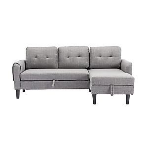 Eafurn 3 Seater Sectional Chaise Lounge and Storage,L Shaped Convertible Pull Out Bed,Comfy Velvet Upholstery Corner Sofa & Couches Button Tufted Living Room Furniture Sets, Gray 72.44"
