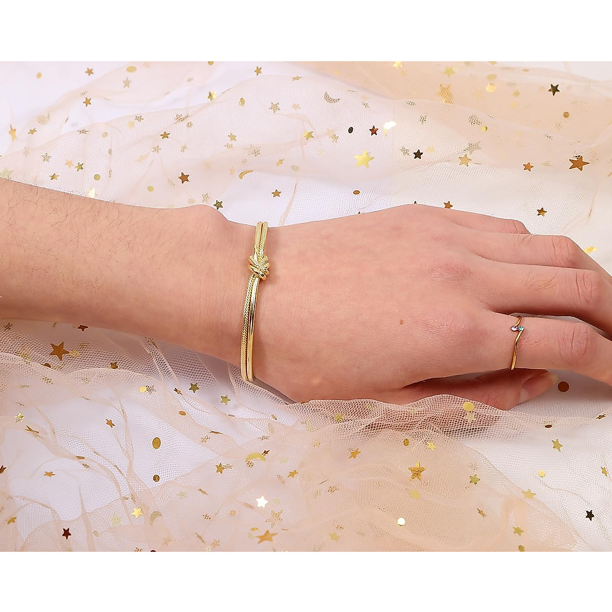 MANZHEN 14K Real Gold Plated bracelets Simple Knot Bangle Cuffs for Women Adjustable Sailor Love Knot Bangle Bracelet Bridesmaid Gift (Gold)