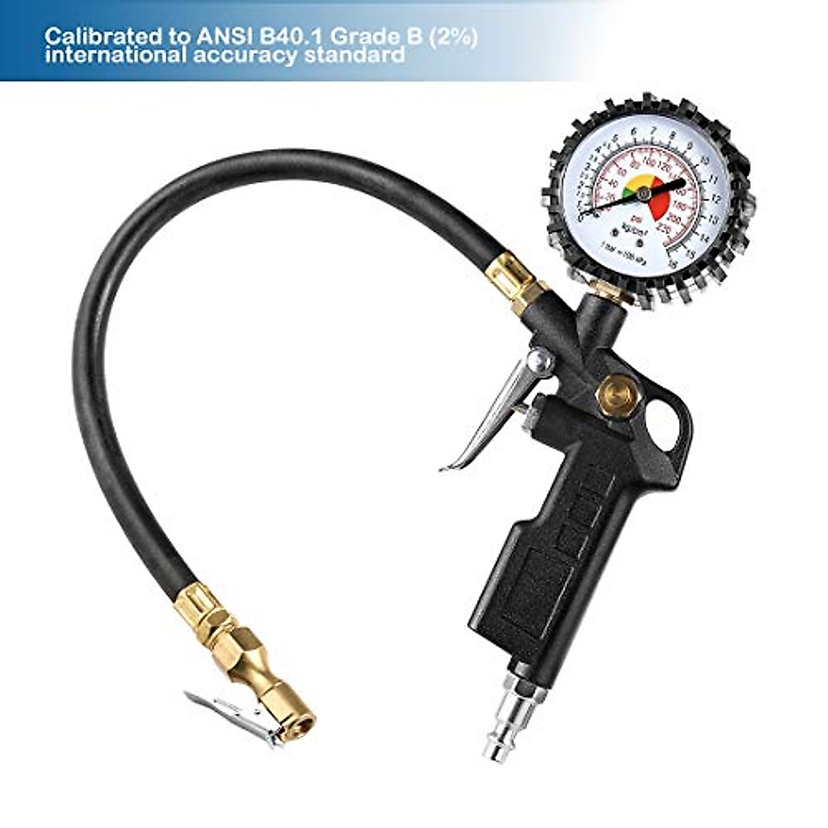 CZC AUTO Tire Inflator Deflator Air Pressure Gauge with Rubber Hose, 2-1/2" Dial Wheel Inflator Gage with Straight Brass Lock-on Chuck Compatible with Air Pump Compressor for RV Car Motorcycle Bike