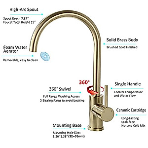 Solid Brass Kitchen Faucet Single Handle 1 Hole 360-Degree Swivel Gooseneck Bar Sink Mixer Tap, Brushed Gold