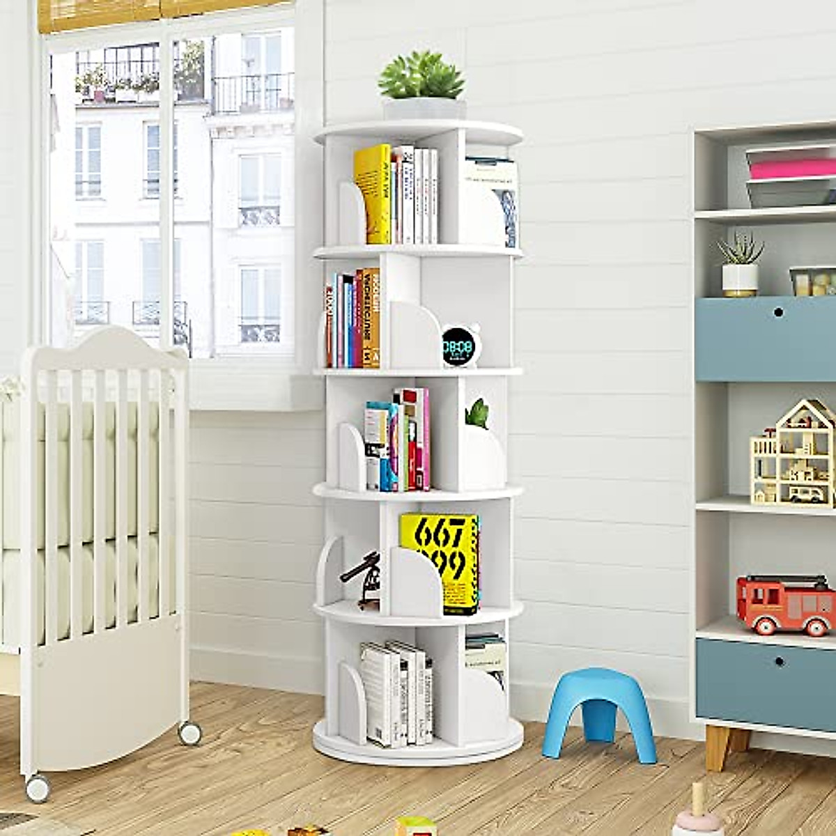Nisorpa 5 Tier Rotating Bookshelf, 360° Revolving Bookcase Rotating Stackable Shelves Floor-Standing Storage Display Rack Used in Bedrooms Living Rooms Study Office (63"x18"x18")