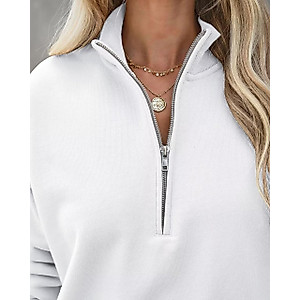 Dressmine Womens Fall Sweatshirt Long Sleeve Quarter Zip Lapel Collar Shirts Casual Loose Pullover Sweatshirts Tops for Women White Meidum