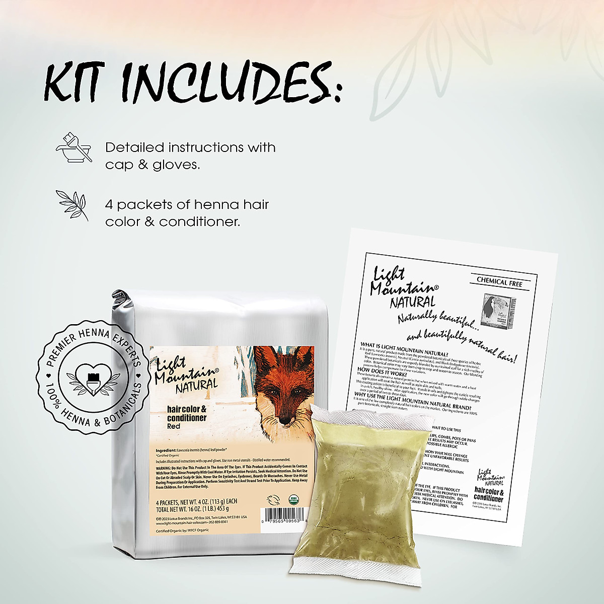 Light Mountain Henna Hair Color & Conditioner – Red Hair Dye, Organic Henna Leaf Powder and Botanicals, Chemical-Free, Semi-Permanent Hair Color + 4 Hair Clips