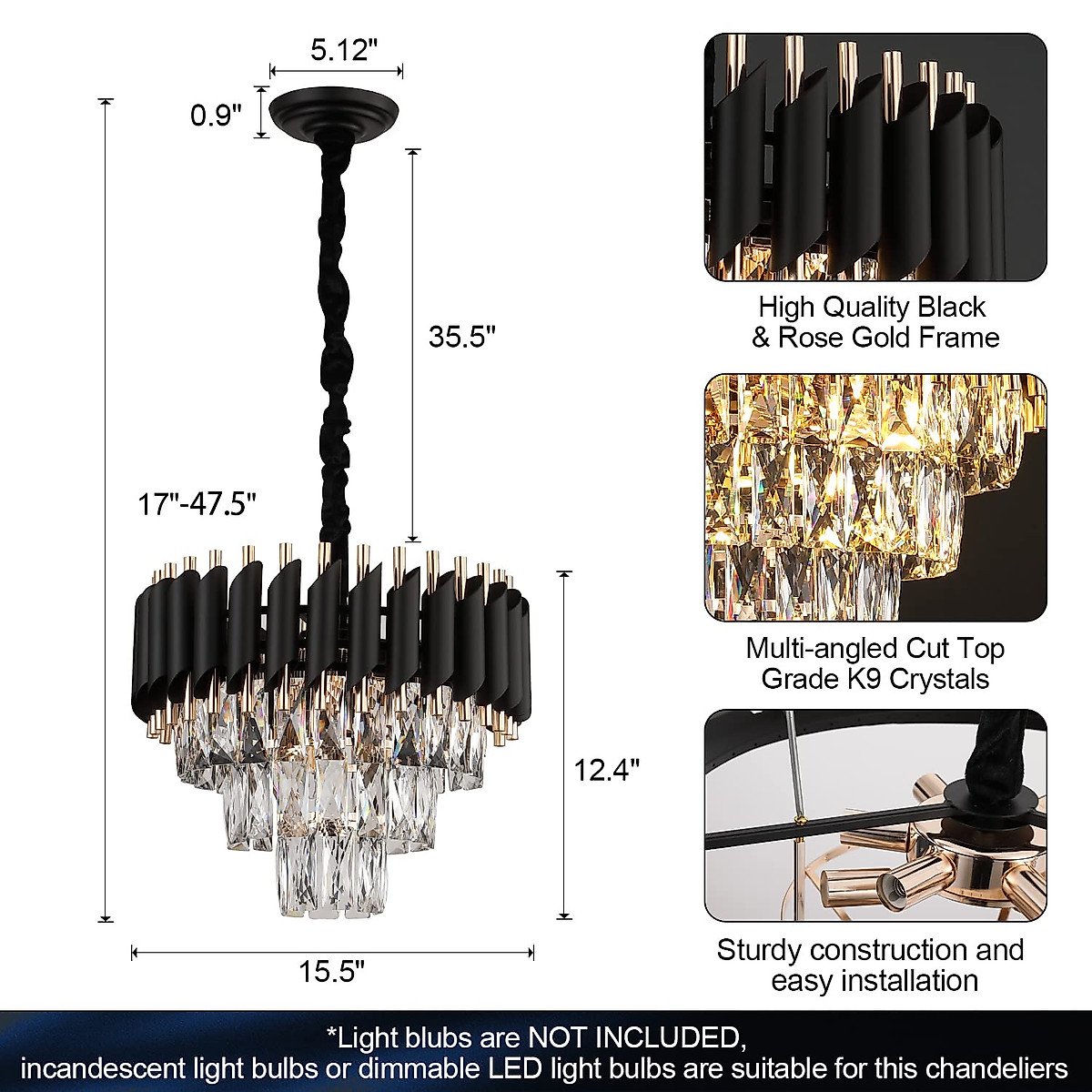 A AXILIXI Modern Crystal Chandeliers 3 Tiers Black and gold Pendant Light Fixtures 16” Round Flush Mount Chandeliers Ceiling lighting Dimmable for Living Room Dining Room Foyer Bedroom Kitchen