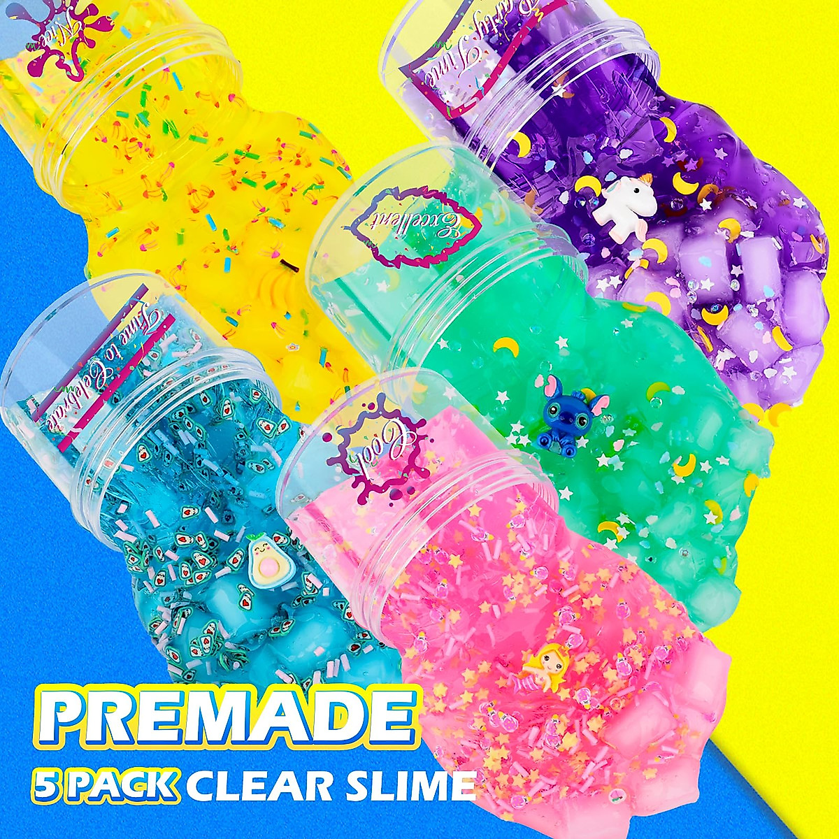 5 Pack Crystal Clear Slime Kit with Jelly Cubes Charms Add Ins for Girls Boys 10-12, Stars Moons Avocado Banana Pink Blue Crunchy Water Slime Set, Soft Sludge for Kids Birthday, Slime Party Favors