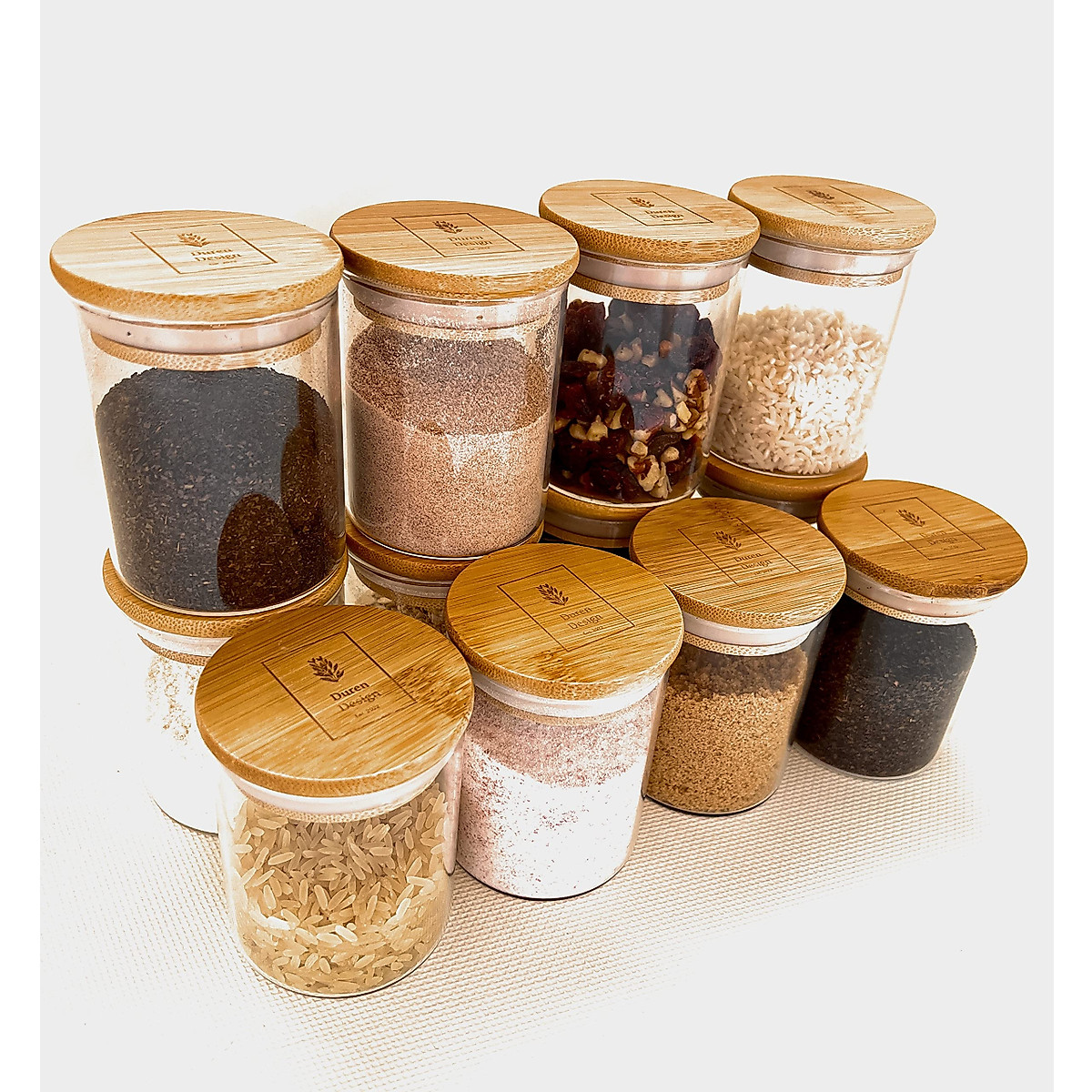 DurenDesign Glass Jar Set with Bamboo Lids, 6oz Clear Glass Food Storage and Kitchen Organization 12 Jar Set with Bamboo Lids