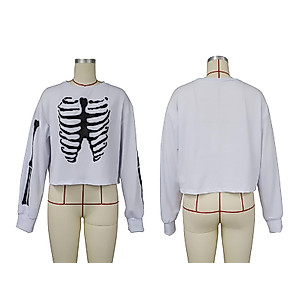 Halloween Crewneck Sweatshirt Women Cropped Skeleton Sweatshirts Jumper Pullover Tops White XL