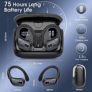 Wireless Earbuds 75hrs Bluetooth 5.4 Headphone Sport, 2025 Bluetooth Earbuds Stereo Deep Bass Over Ear Bud with Earhooks, ENC Noise Cancelling Mic, IPX7 Waterproof Earphone for Workout/Running