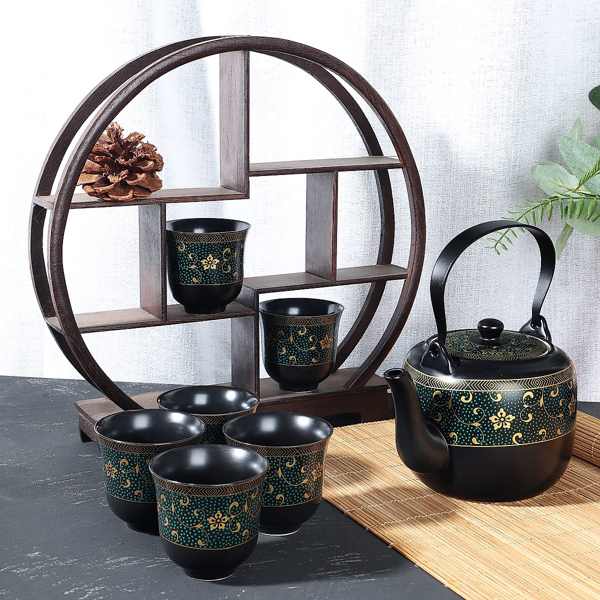 fanquare Japanese Porcelain Tea Set, Handmade Kungfu Teapot with 6 Cups, Large Black TeaPot with Gold Flowers Pattern