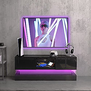 ARMCONE LED TV Stand, Media Entertainment Center, TV Stand for 55 60 Inch TV, Modern Industrial Floor Standing TV Cabinet with Storage, Black Entertainment Center, TV Console Home Furniture