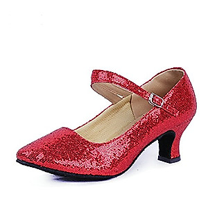 missfiona Women's Glitter Latin Ballroom Dance Shoes Pointed-Toe Y Strap Dancing Heels(6.5, Red)