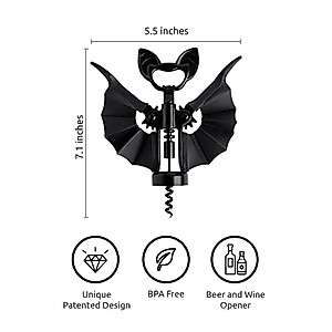OTOTO Vino Spooky Bat Wine Opener - 2-in-1 Wine & Beer Opener, Corkscrew & Bottle Opener - Wine Accessories & Gifts for Wine Lovers